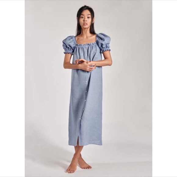 Sleeper | Dresses | Sleeper Brigitte Blue Linen Midi Dress Size Extra ...
